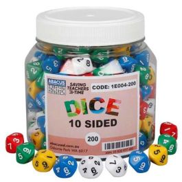 10-Sided Numbered Dice - 16mm (Jar of 200) | Abacus Educational Suppliers