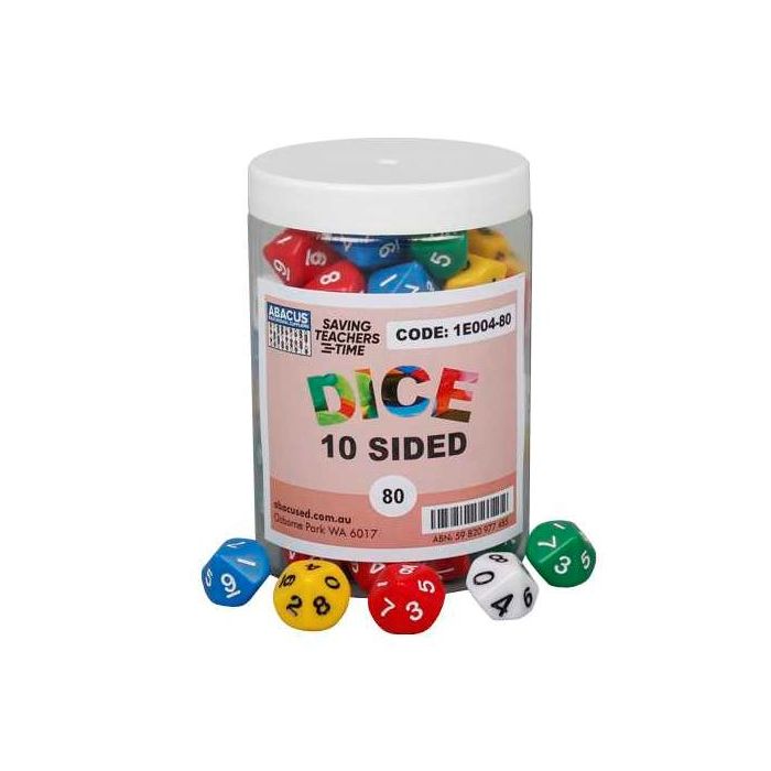 10-Sided Numbered Dice - 16mm (Jar of 80) | Abacus Educational Suppliers